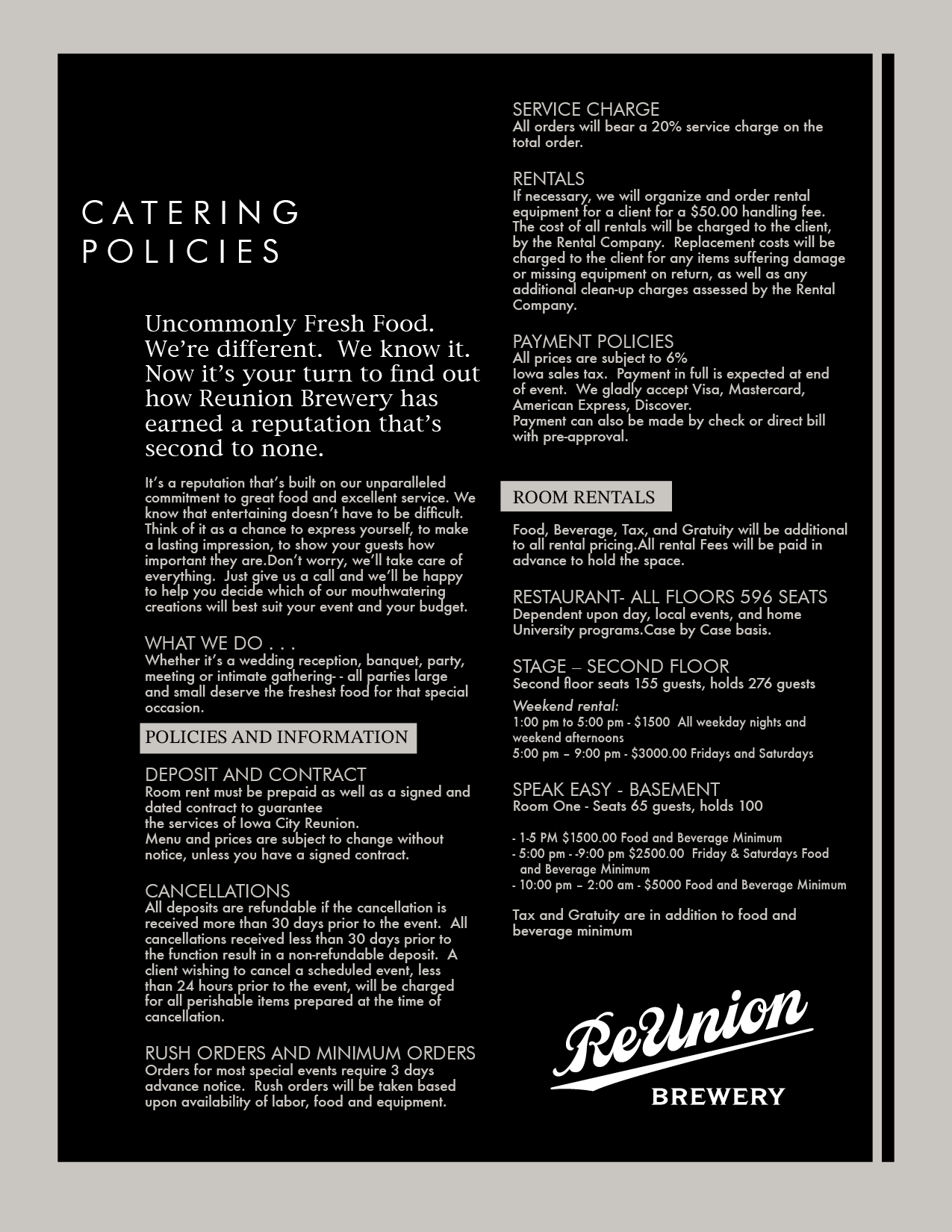 Catering Menu Iowa City - ReUnion Brewery | Iowa City's Craft Beer